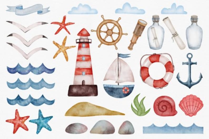 Nautical Watercolor Clipart Ocean Sea Watercolor Nautical - Etsy