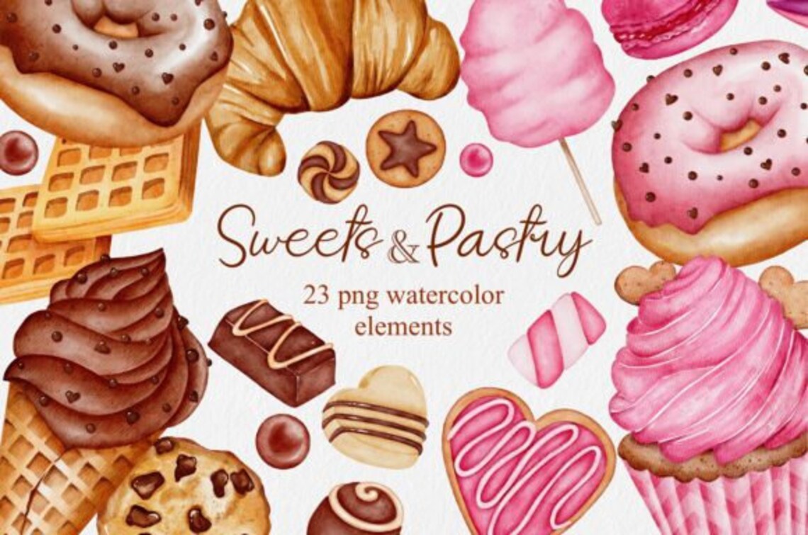 Watercolor Sweets and Pastry Clipart Sweet Treats Cakes and - Etsy