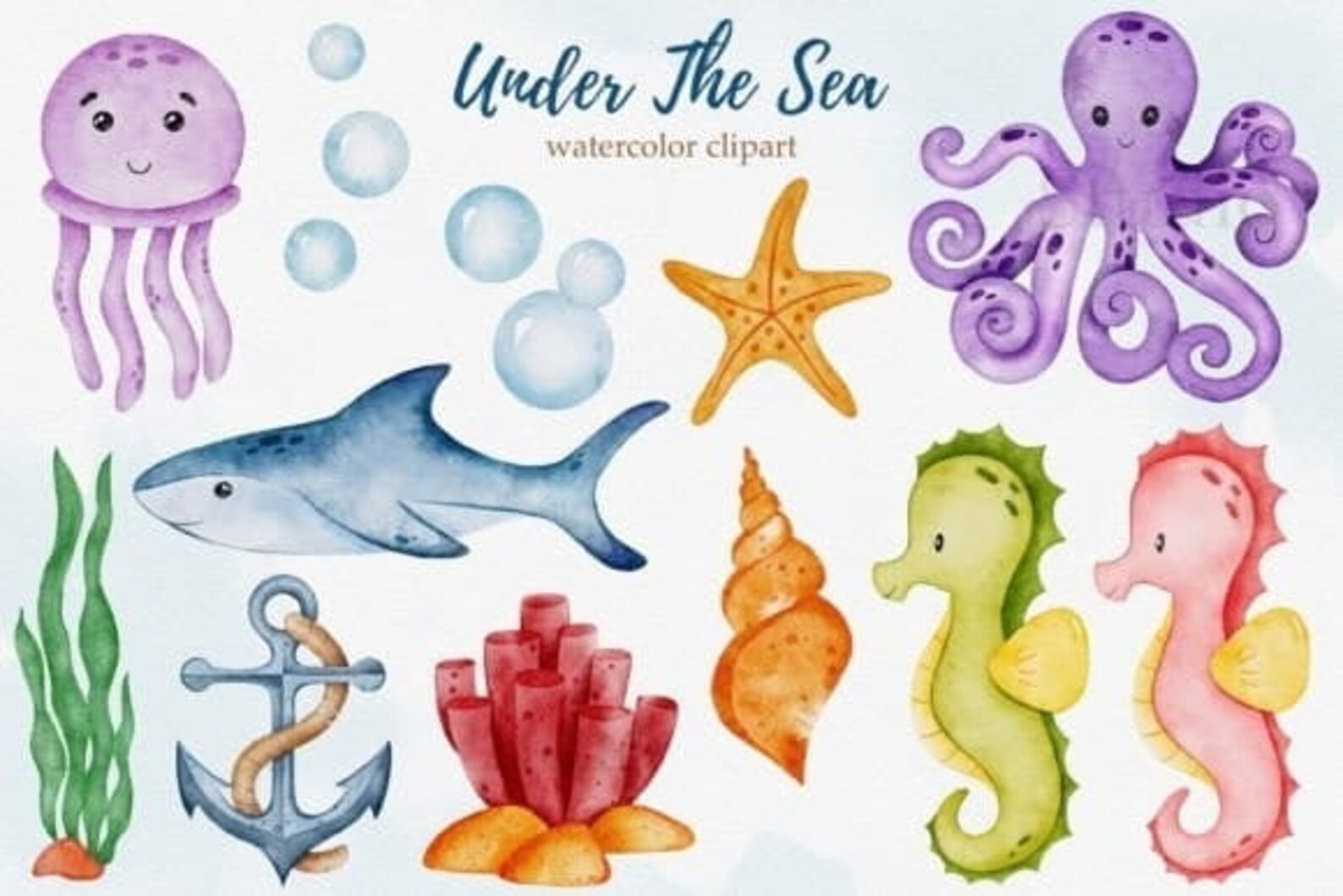 Sea Animals Watercolor Clipart PNG Fish Clipart, Watercolor Fish Under ...