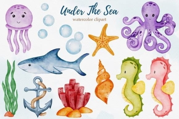 Sea Animals Watercolor Clipart PNG Fish Clipart Watercolor - Etsy