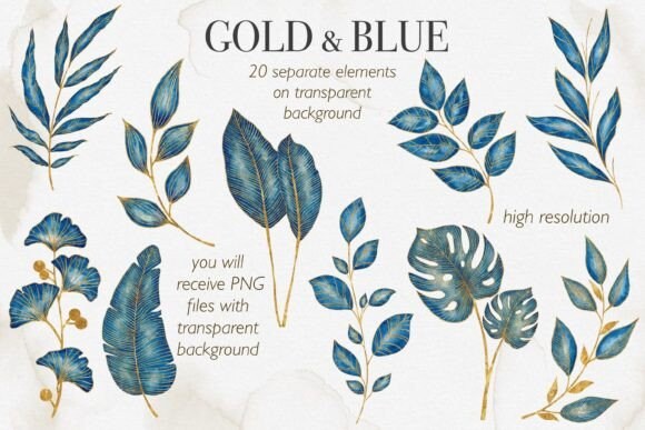Gold and Blue Leaves Clipart Blue and Gold Tropical Leaves Clipart ...