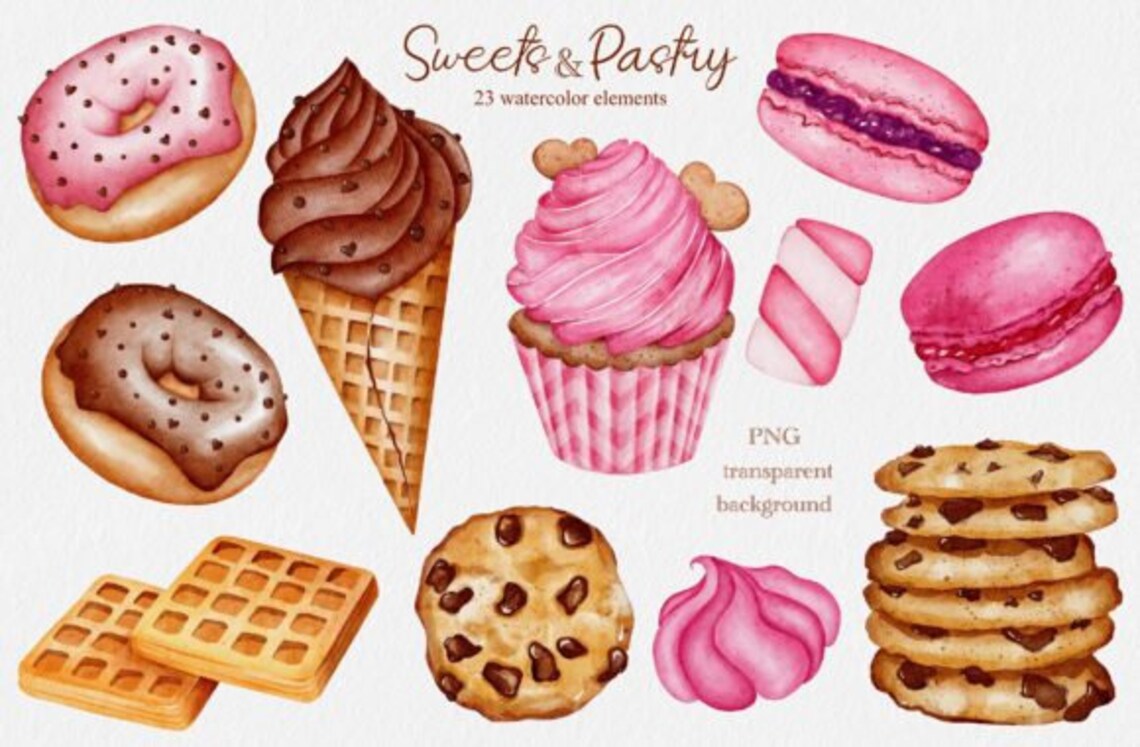 Watercolor Sweets and Pastry Clipart Sweet Treats Cakes and - Etsy