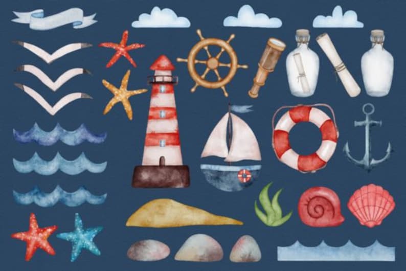 Nautical Watercolor Clipart Ocean Sea Watercolor Nautical - Etsy