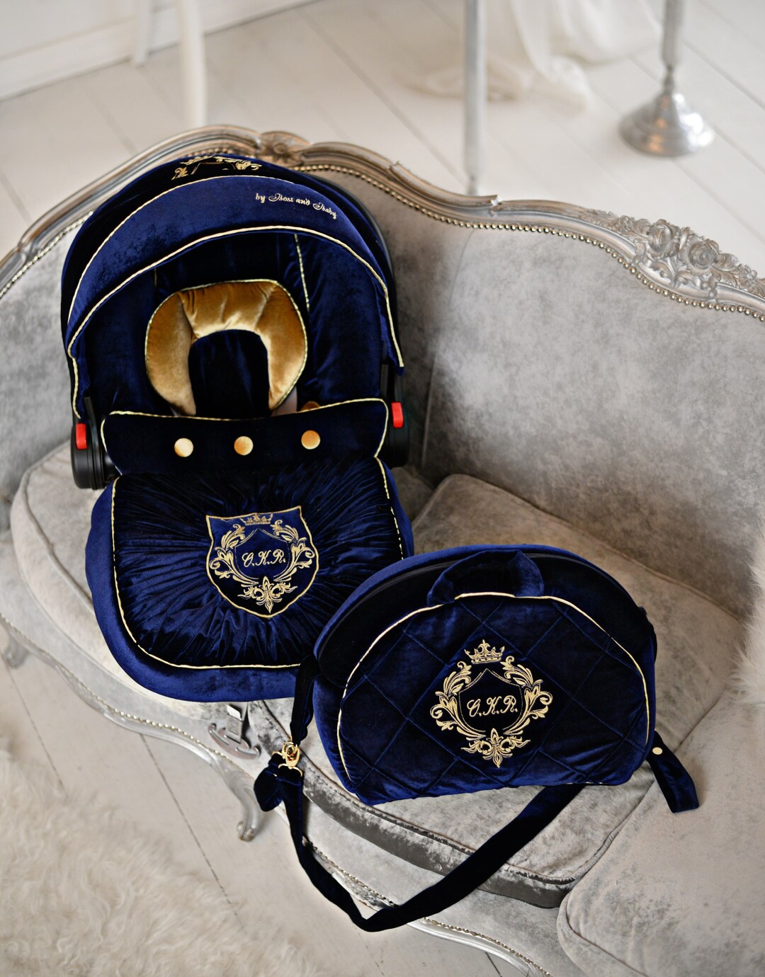 Regal Comfort for Your Little Prince: Gold & Navy Blue Velvet Car Seat ...