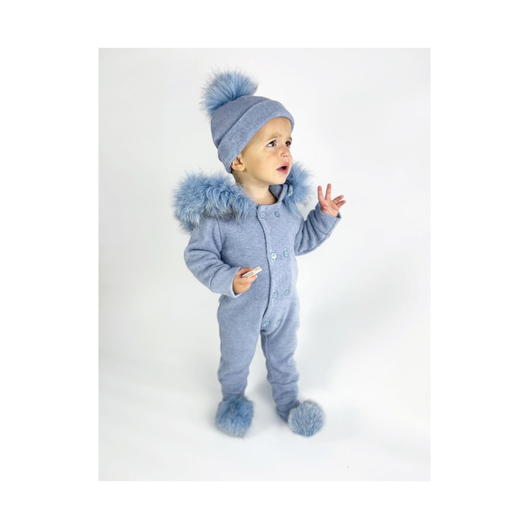 Cute Baby Boy Romper With Fur Trim Gender Neutral Blue Long - Etsy