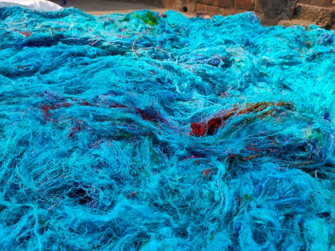 Turquoise Sari Silk Waste Batts: Recycled Fiber for Spinning & Felting ...