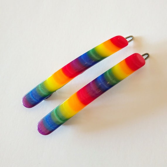1970's vintage RAINBOW barrettes, 2" hand-painted res… - Gem
