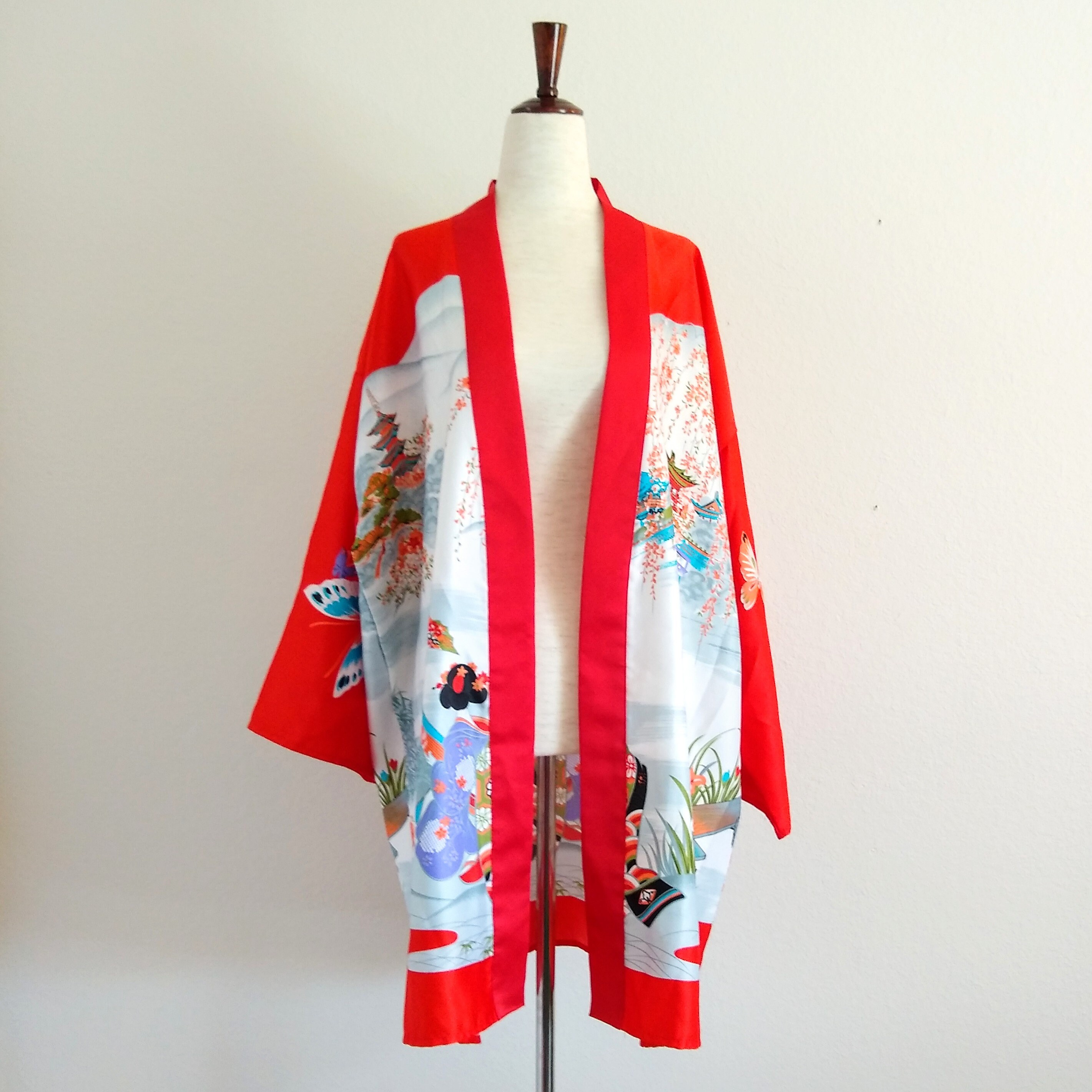 Vintage Joli Japanese Geisha Print Red Satin Kimono Robe - Etsy