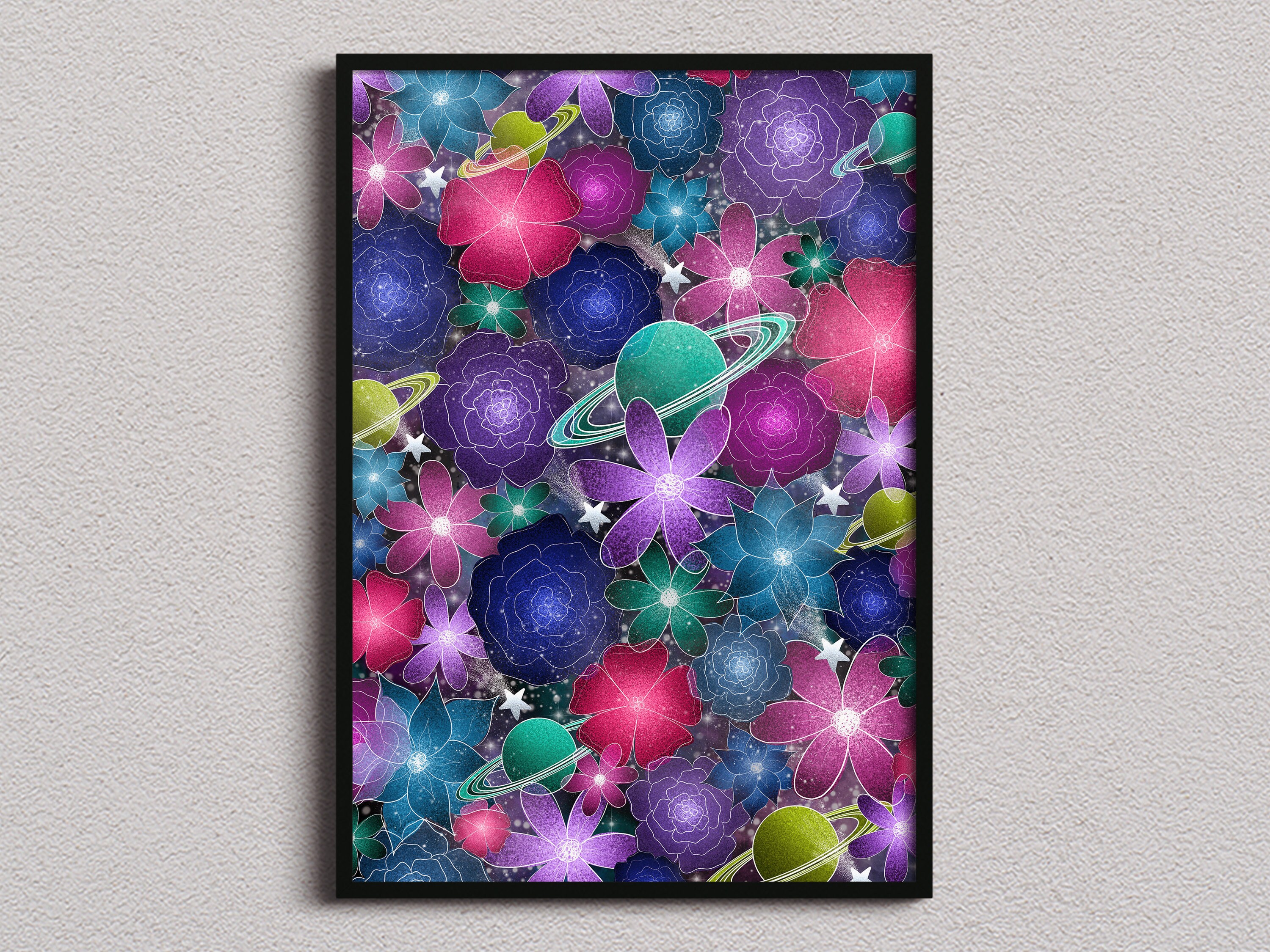 Galaxy Floral Digital Art Print / Space Planets Stars Neon Flower Leaf ...
