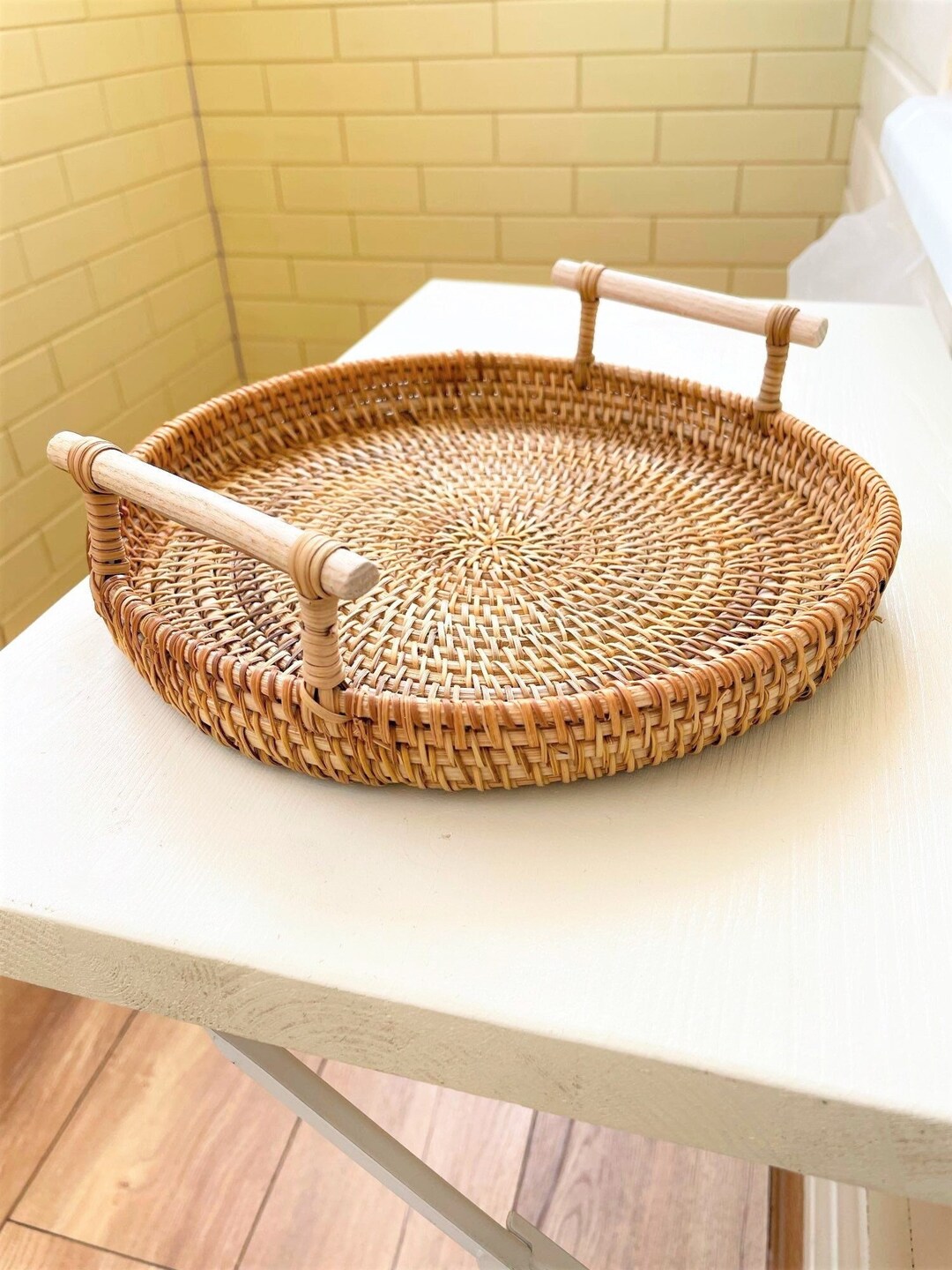 Wicker Round Tray With Handles Round Serving Tray Food Tray - Etsy