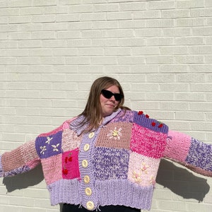 KNIT Patchwork Cardigan With Embroidery- Beginner Knitting Pattern - Etsy