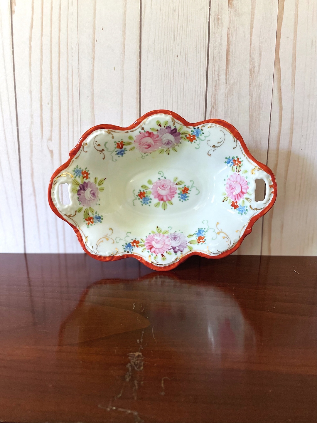 Antique Floral Dish, Pink and Red Roses, Flowers Catch All Tray ...