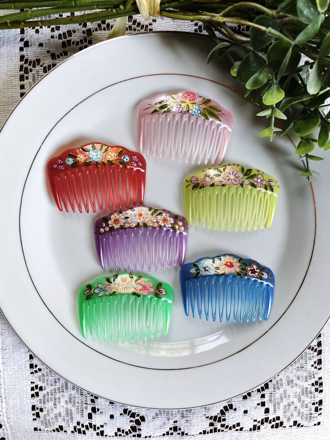 Vintage Colorful Hair Comb, Handpainted Barrette, Floral Hair Comb ...