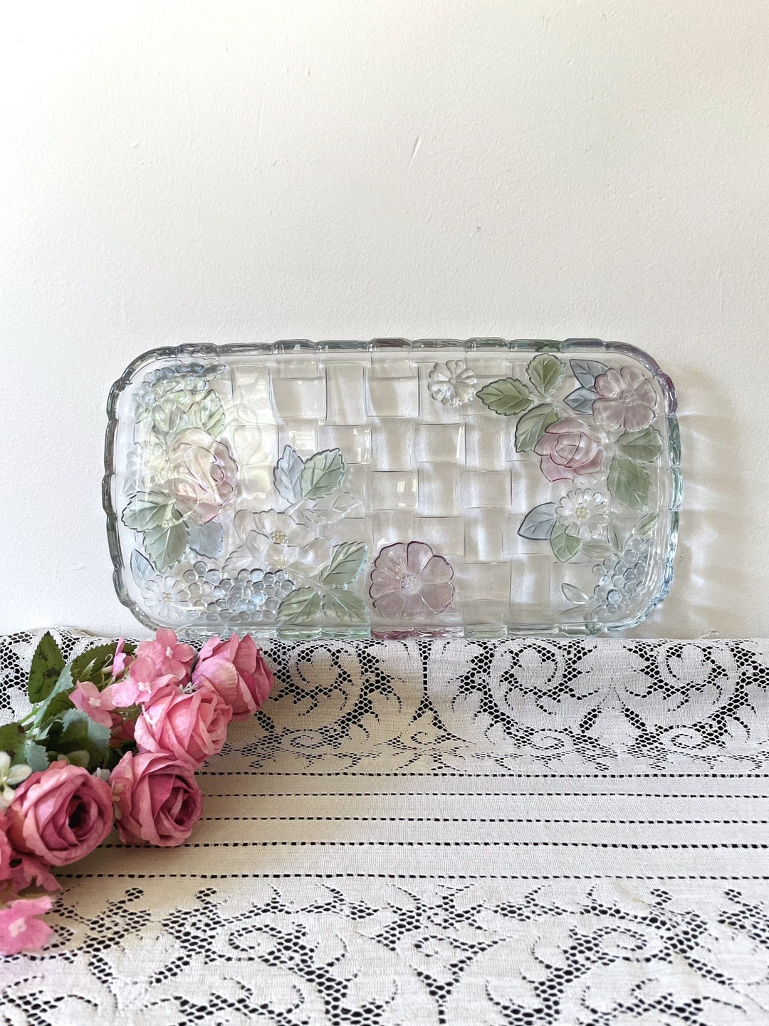 Large Glass Tray, Floral Decorative Tray, Basketweave Glass, Heavy ...