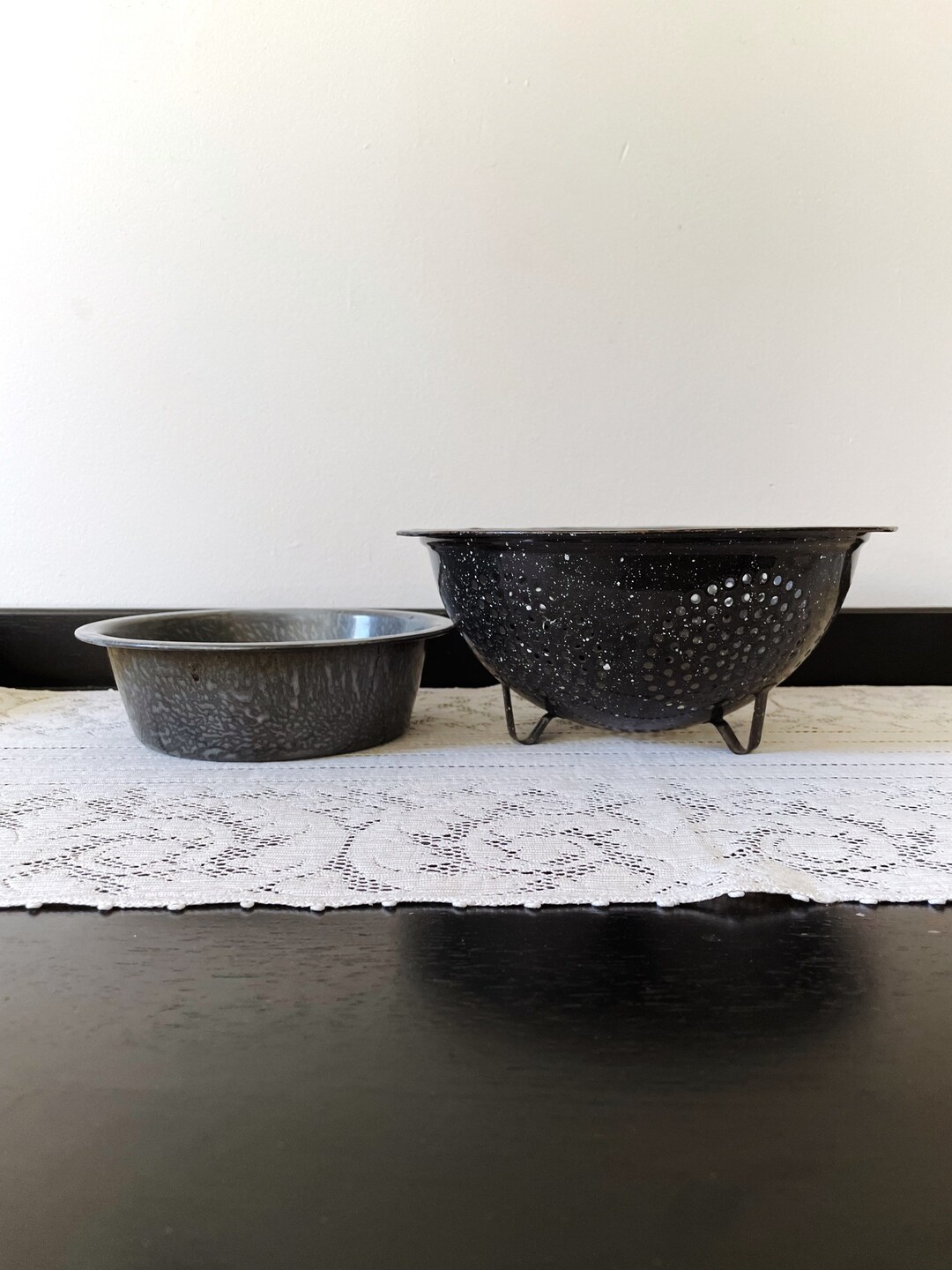 Vintage Enamelware Set, Primitive Kitchen Decor Lot, Gray Black ...