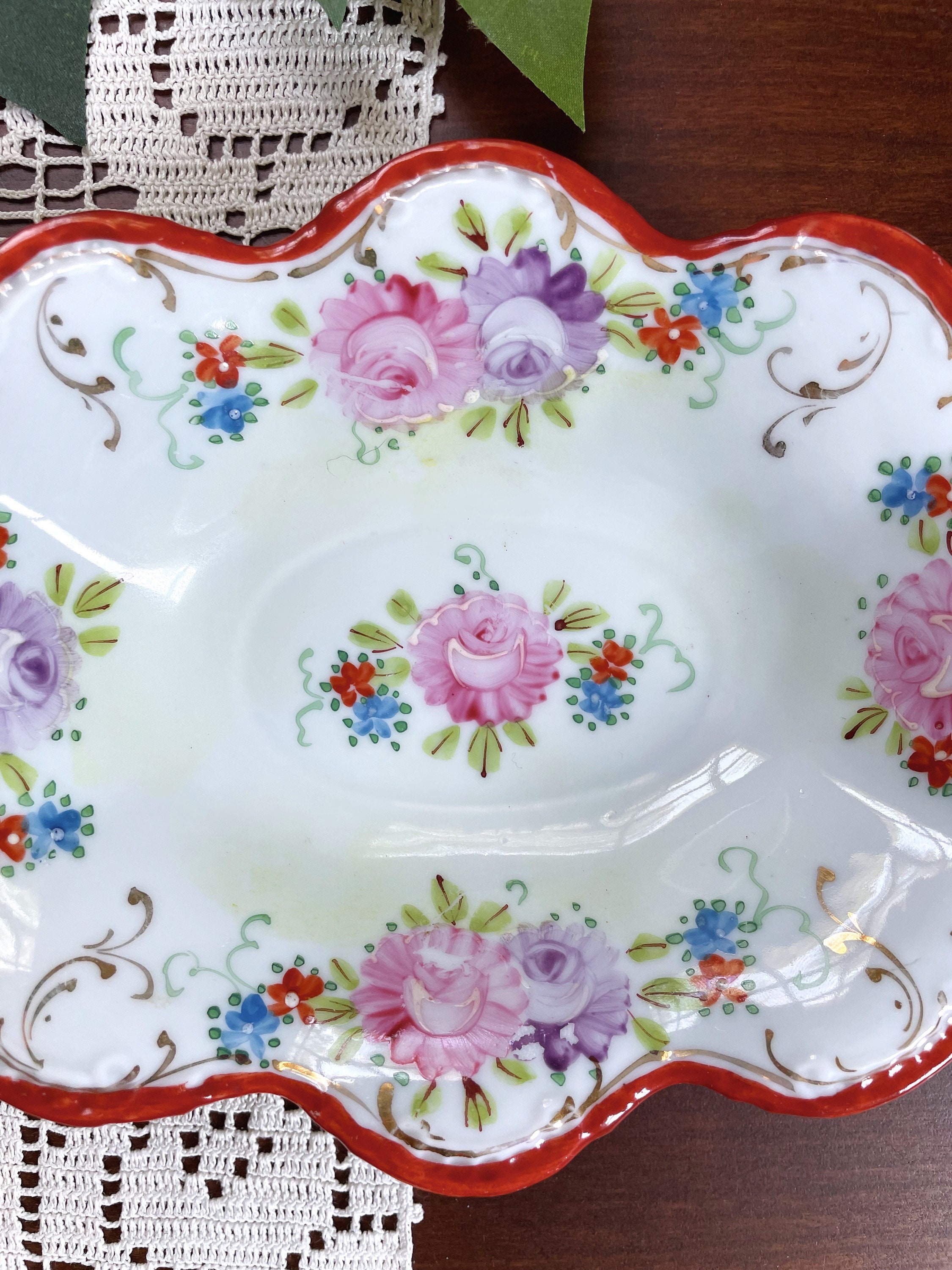 Antique Floral Dish, Pink and Red Roses, Flowers Catch All Tray ...