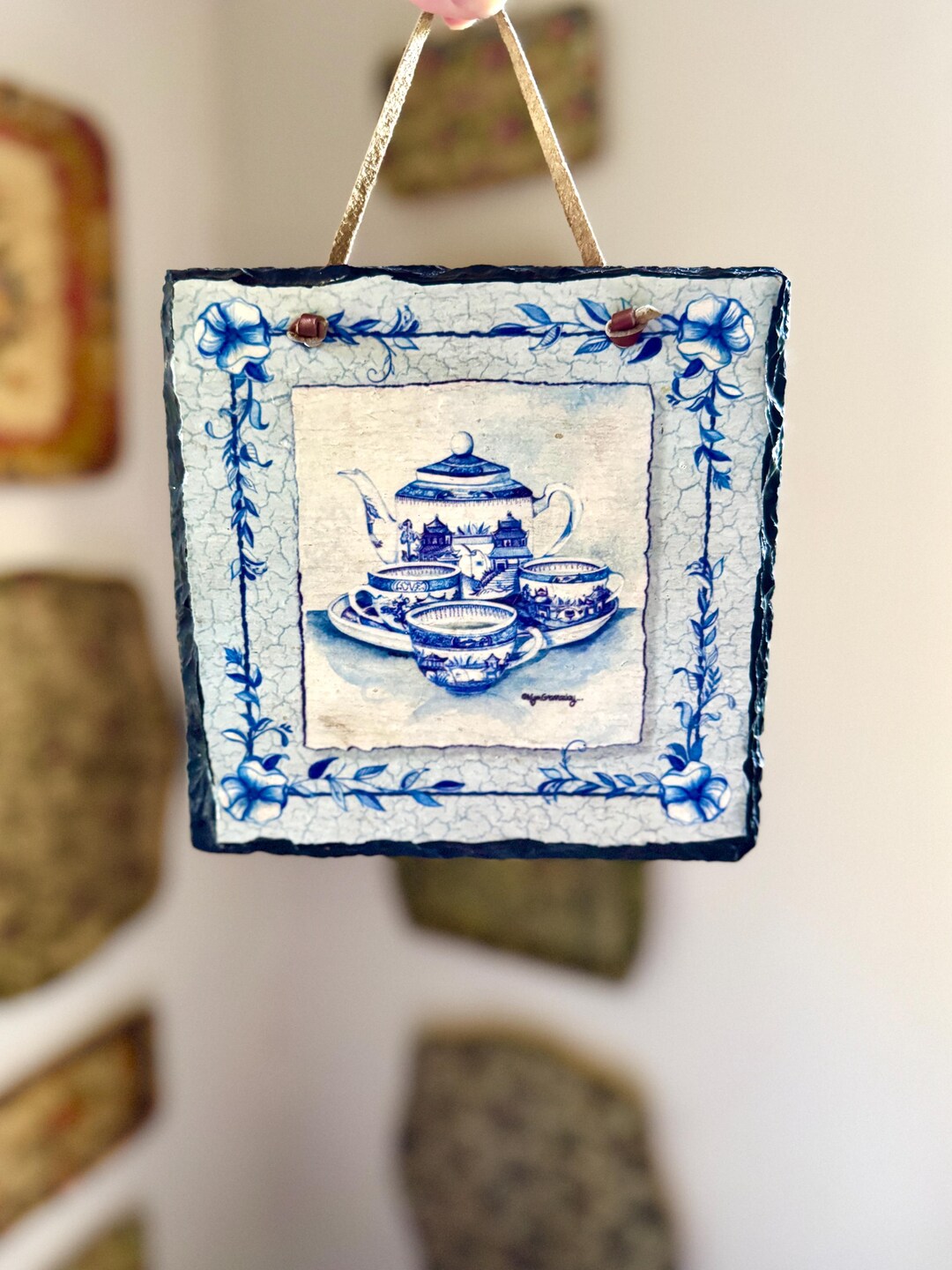 Delft Slate, Delft Style Teapot and China Cups Art, Heavy Wall Slate ...