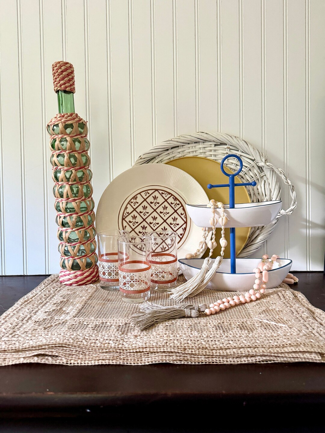 Vintage Beach Styled Vignette Nautical Decor, White Wicker Tray, Lazy ...