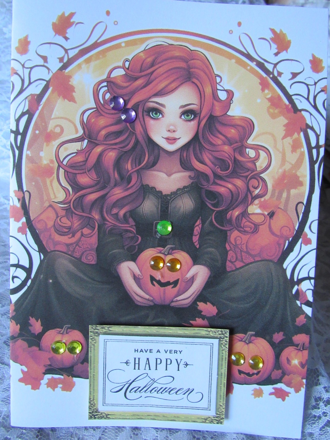 Pumpkin Witch Halloween Card, FREE CARD, Handmade, Red Headed Witch ...