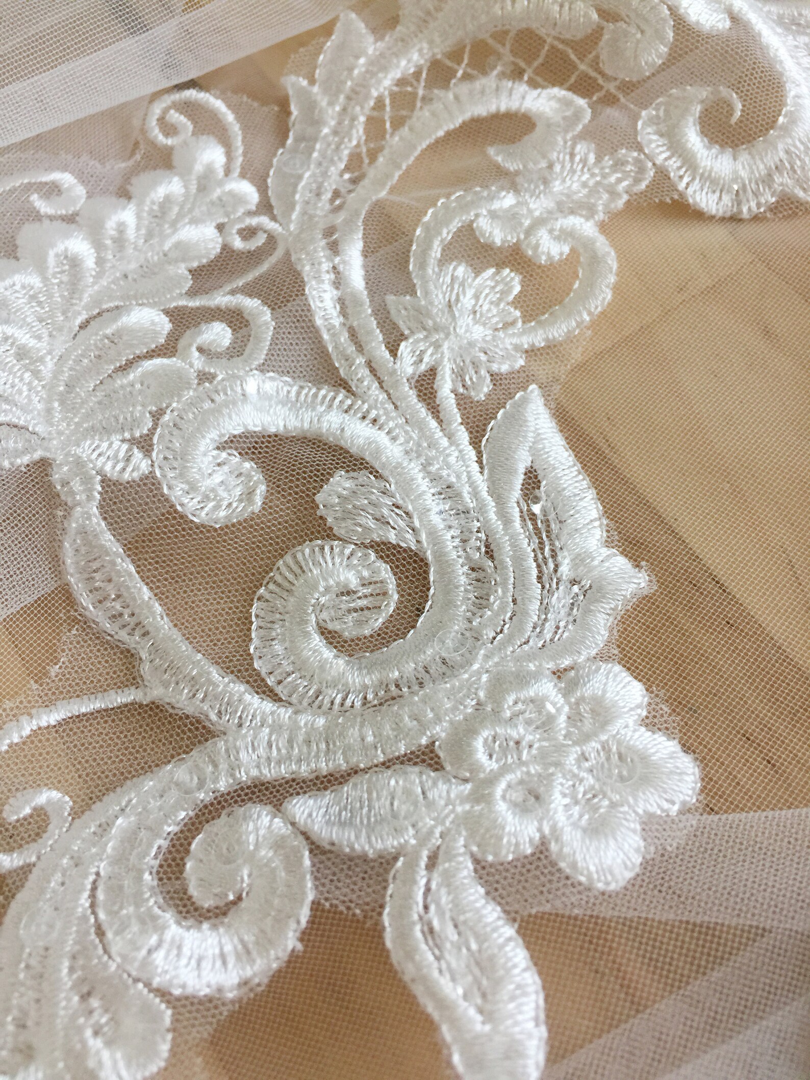White Sequin Embroidered Applique 1 Pair, Suitable for Wedding, Veil ...