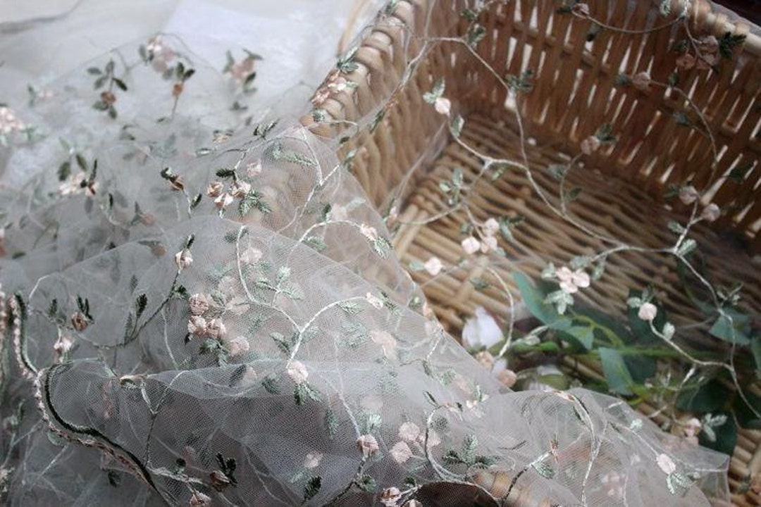 White Pink Delicate Tulle Lace Fabric 3D Floral Embroidery Soft Mesh ...