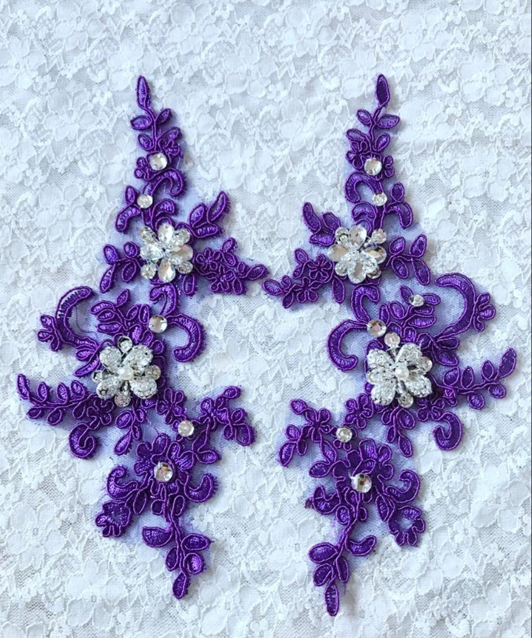 Purple Rhinestone Applique, Beaded Lace Applique, French Chantilly Lace ...