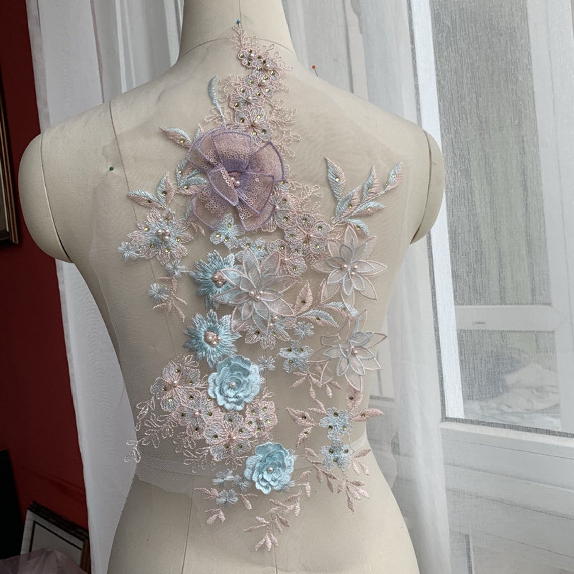 Powder Blue Lace Appliqué Beautifully Beaded 3d Flower Bridal - Etsy