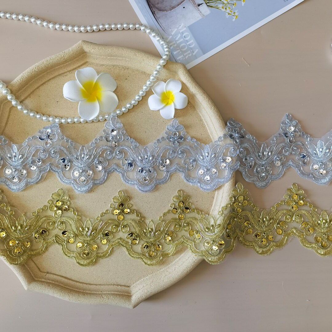 Classic Gold and Silver Beaded Sequin Car Bone Lace Trim, Dress Wedding ...
