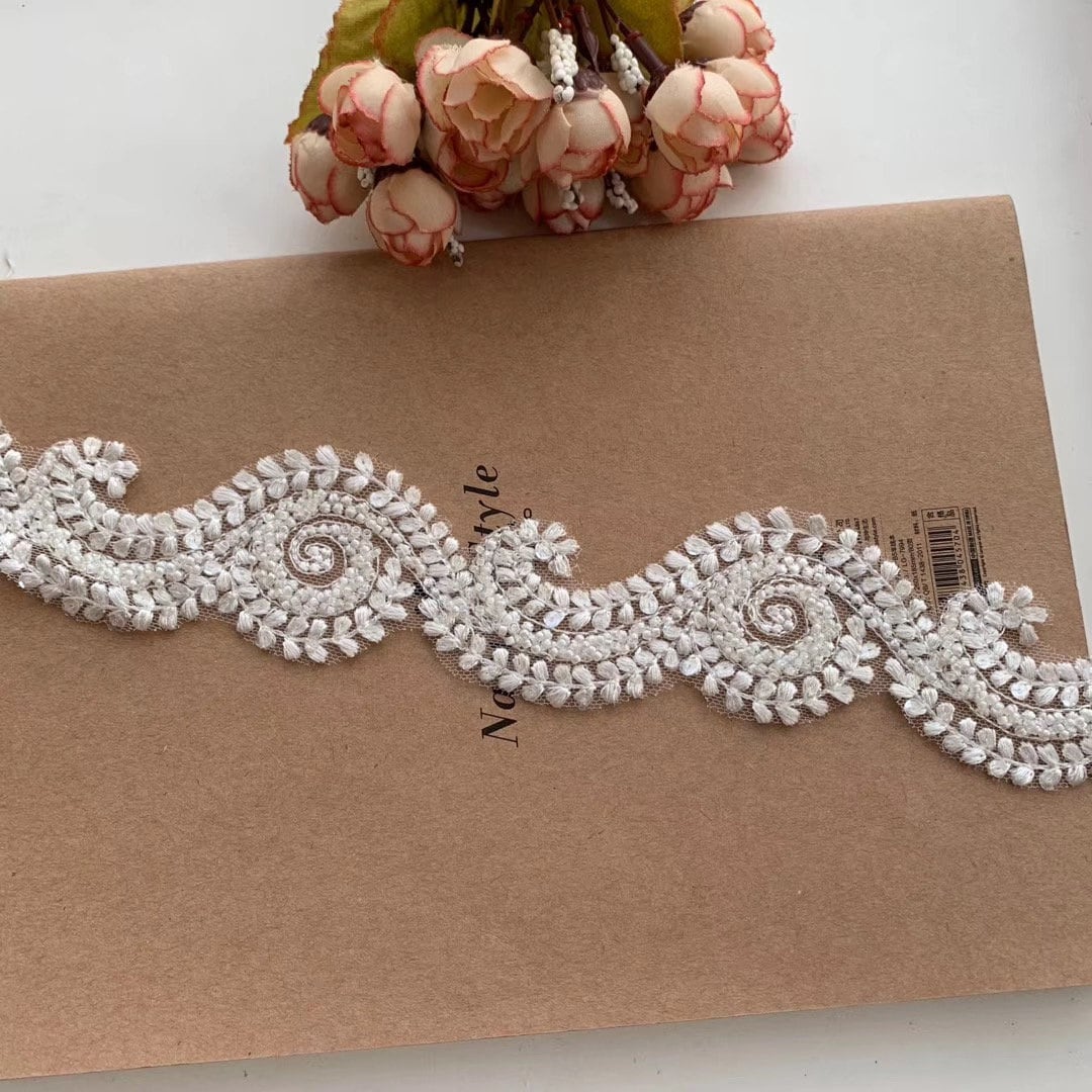 Exquisite Creamy White Sequined Wavy Lace High-end Wedding - Etsy