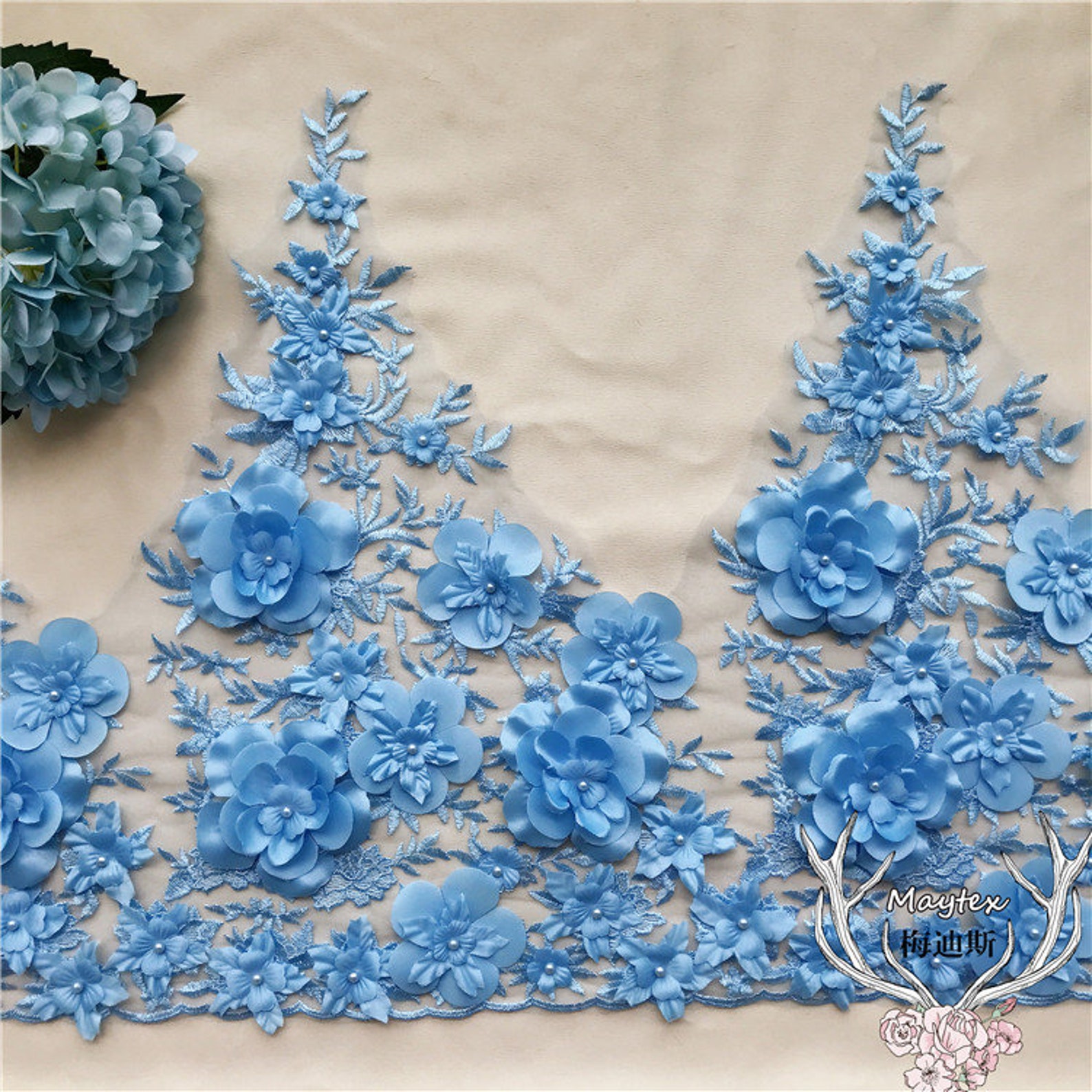 Blue Large Appliqué Luxurious 3D Satin Pearl Embroidered Lace - Etsy