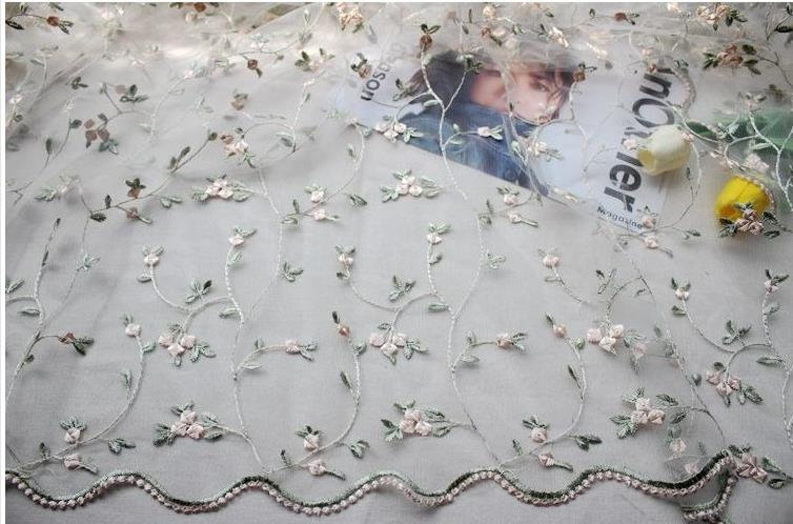 White Pink Delicate Tulle Lace Fabric 3D Floral Embroidery - Etsy