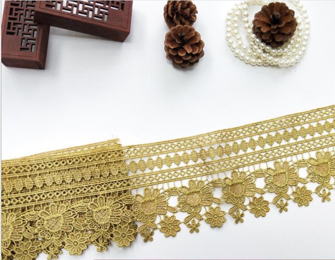 Extra-wide Metallic Gold-tone Lace Trim With Floral Gold-embellish Lace ...