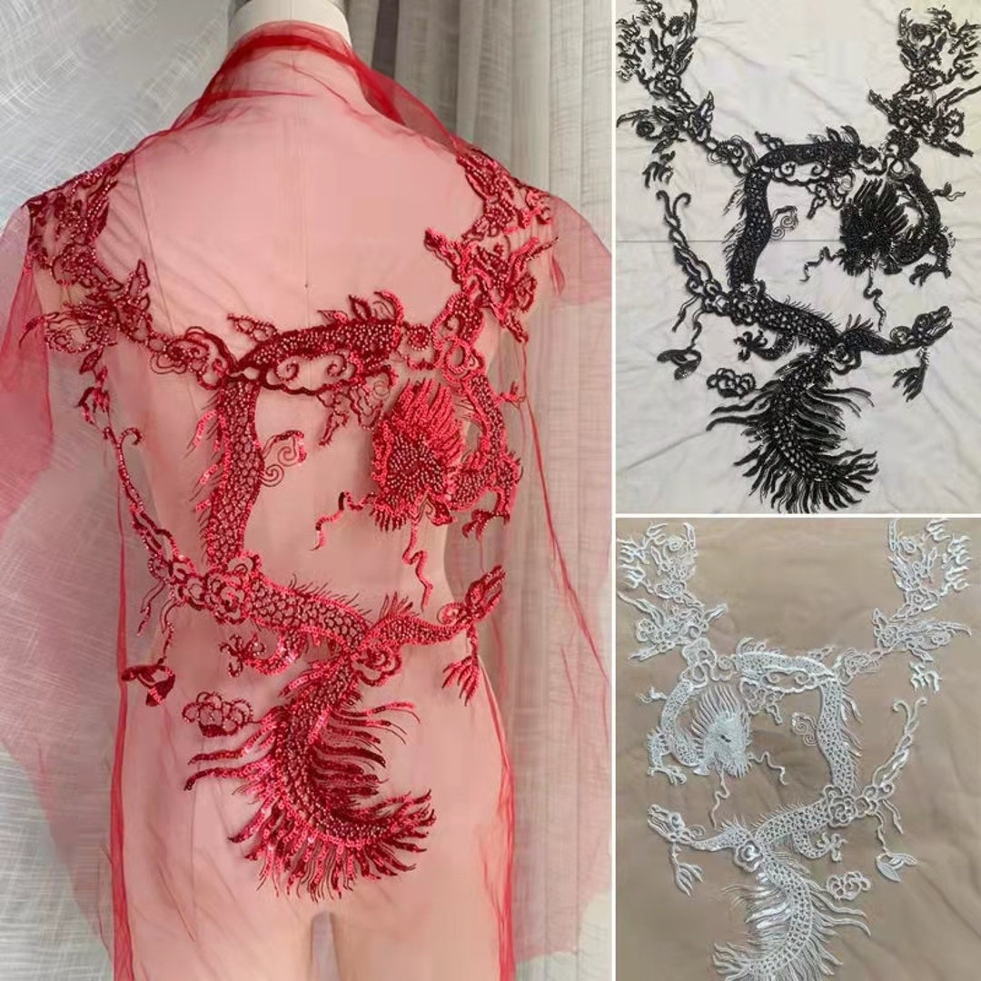 Luxury Black Dragon Embroidery Beading Large Applique Sequined Dragon ...
