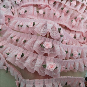 Pink Ruffle Lace, Pleated Trim Lace, Pink Rose Flower Lace for Doll ...