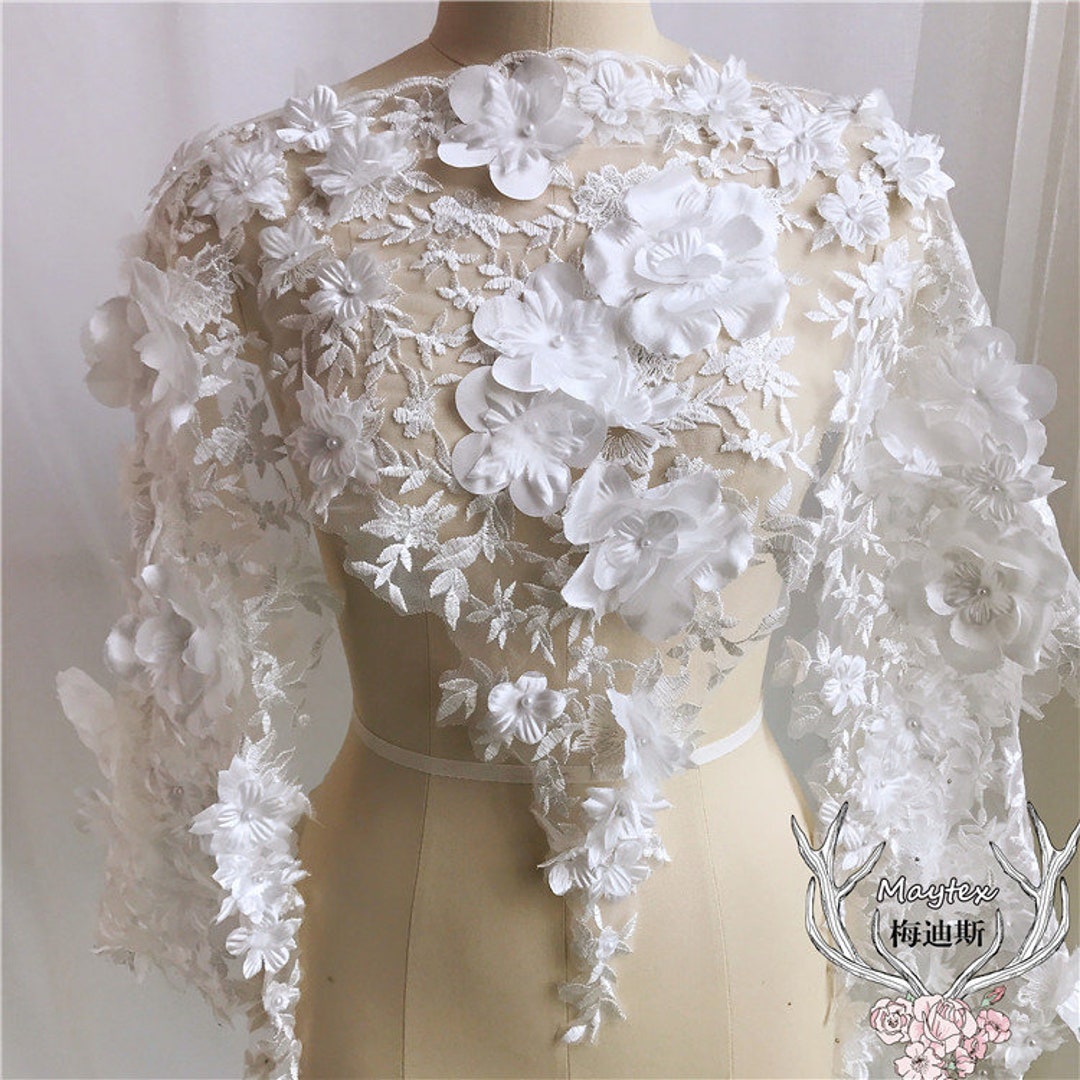 White Large Applique, Luxurious 3D Satin Pearl Embroidered Lace ...