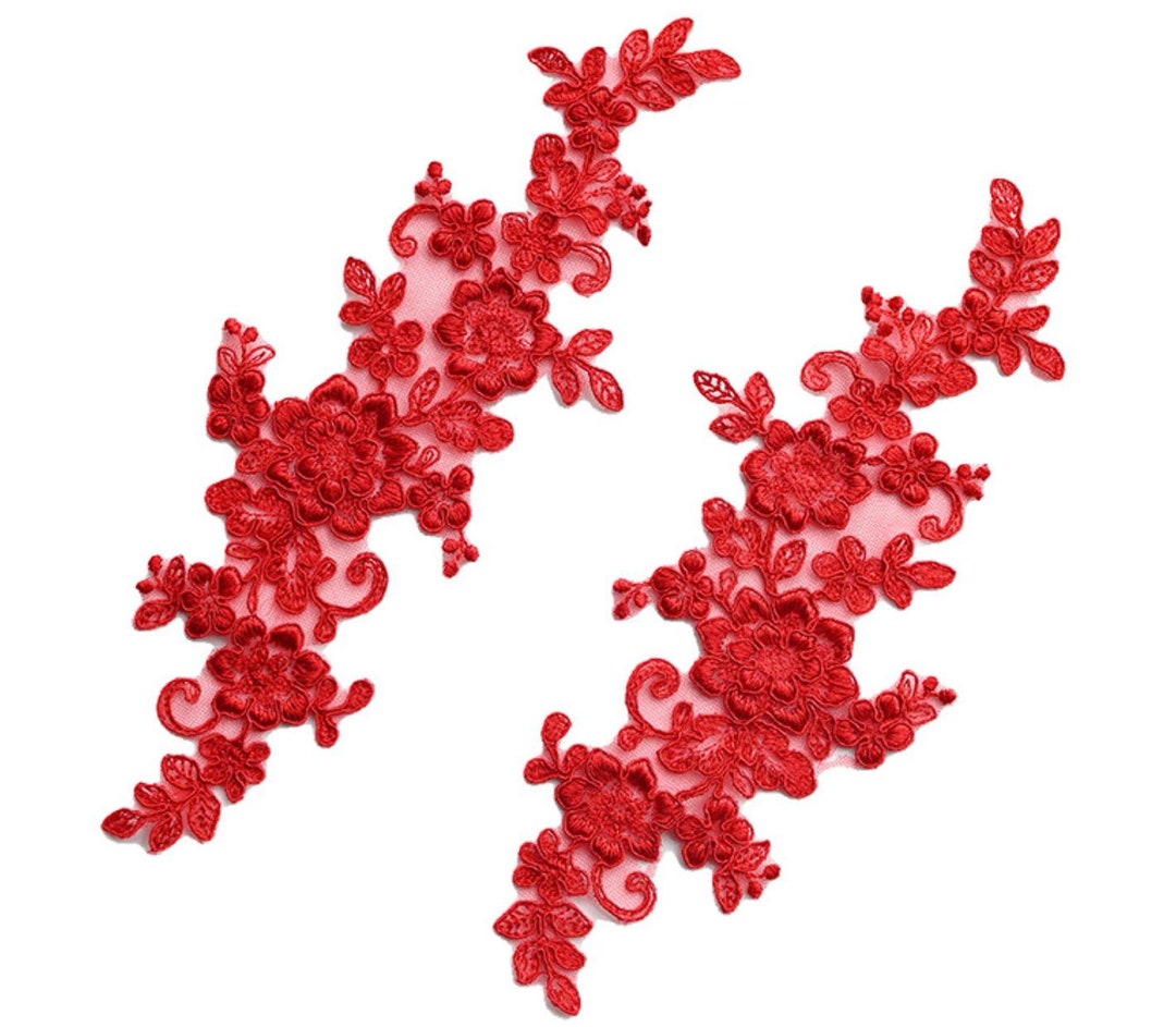 1 Pair of Red Appliques, French Chantilly Lace Applique, 3D Bridal Lace ...