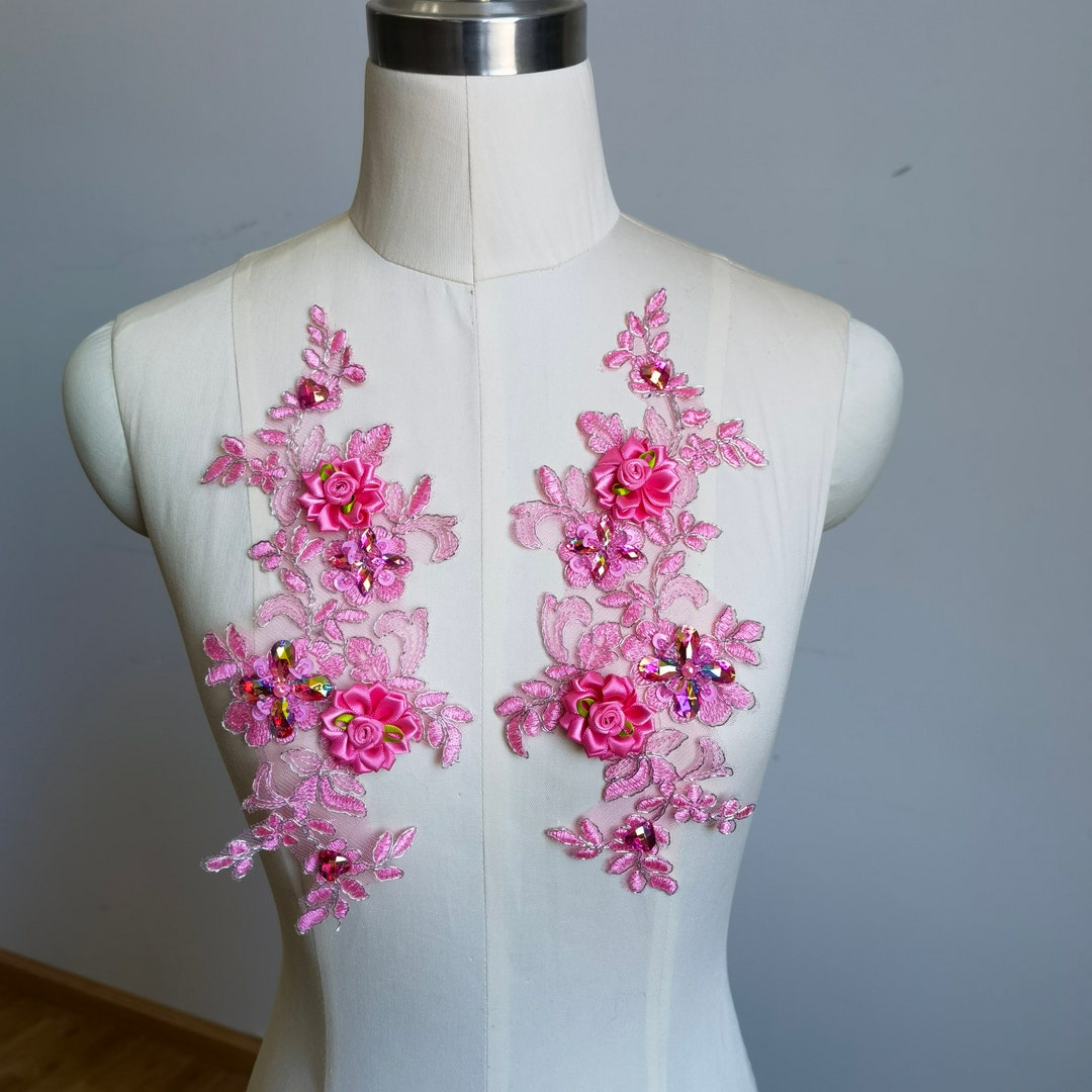 Apliques de encaje rosa con cuentas hechos a mano, apliques de encaje ...