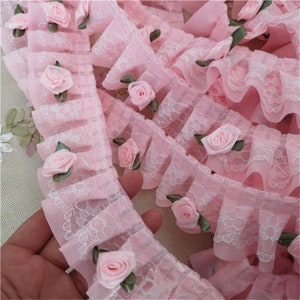 Pink Ruffle Lace, Pleated Trim Lace, Pink Rose Flower Lace for Doll ...
