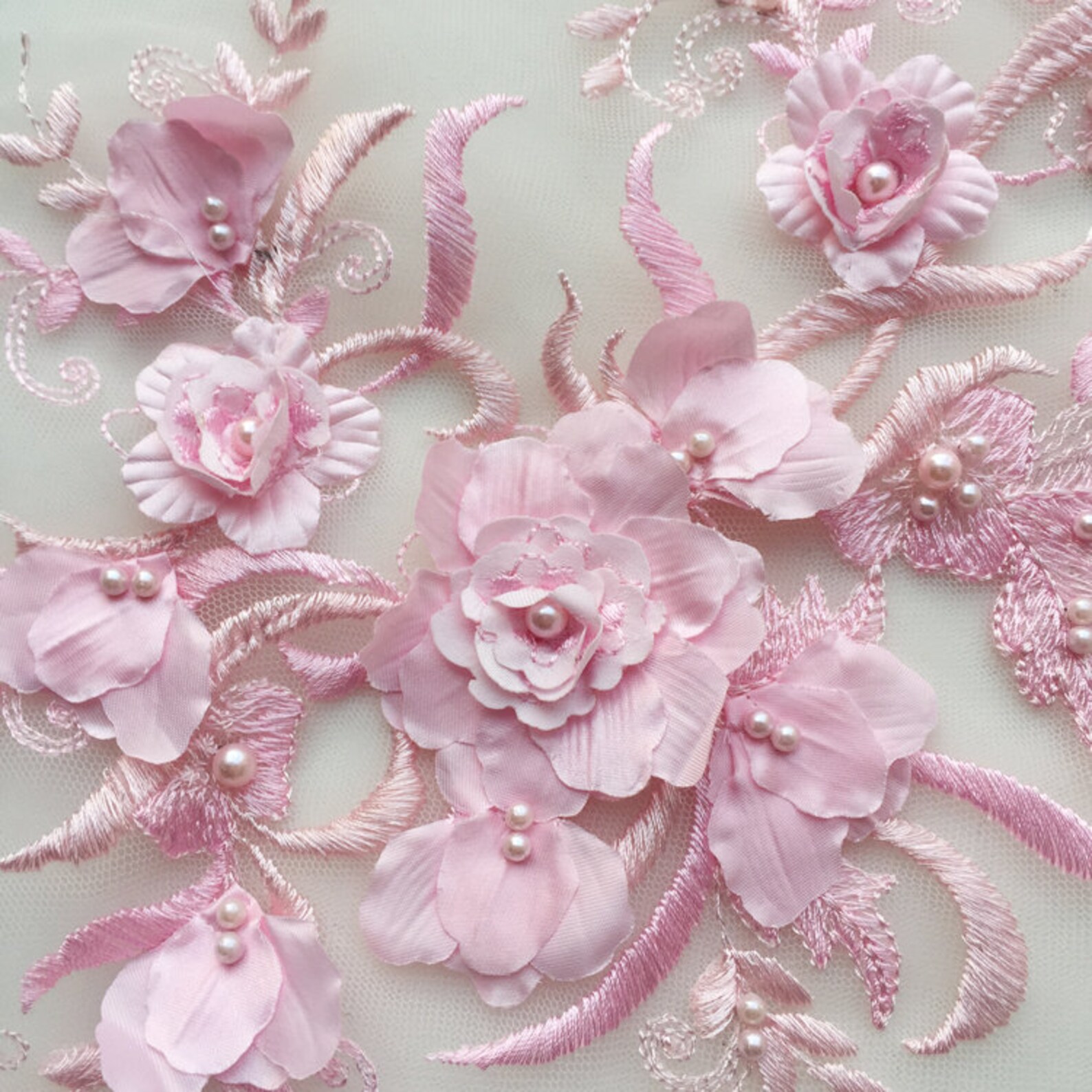 3D Flower Bridal Lace, Baby Pink Lace Applique, Wedding Beaded Appliqué ...