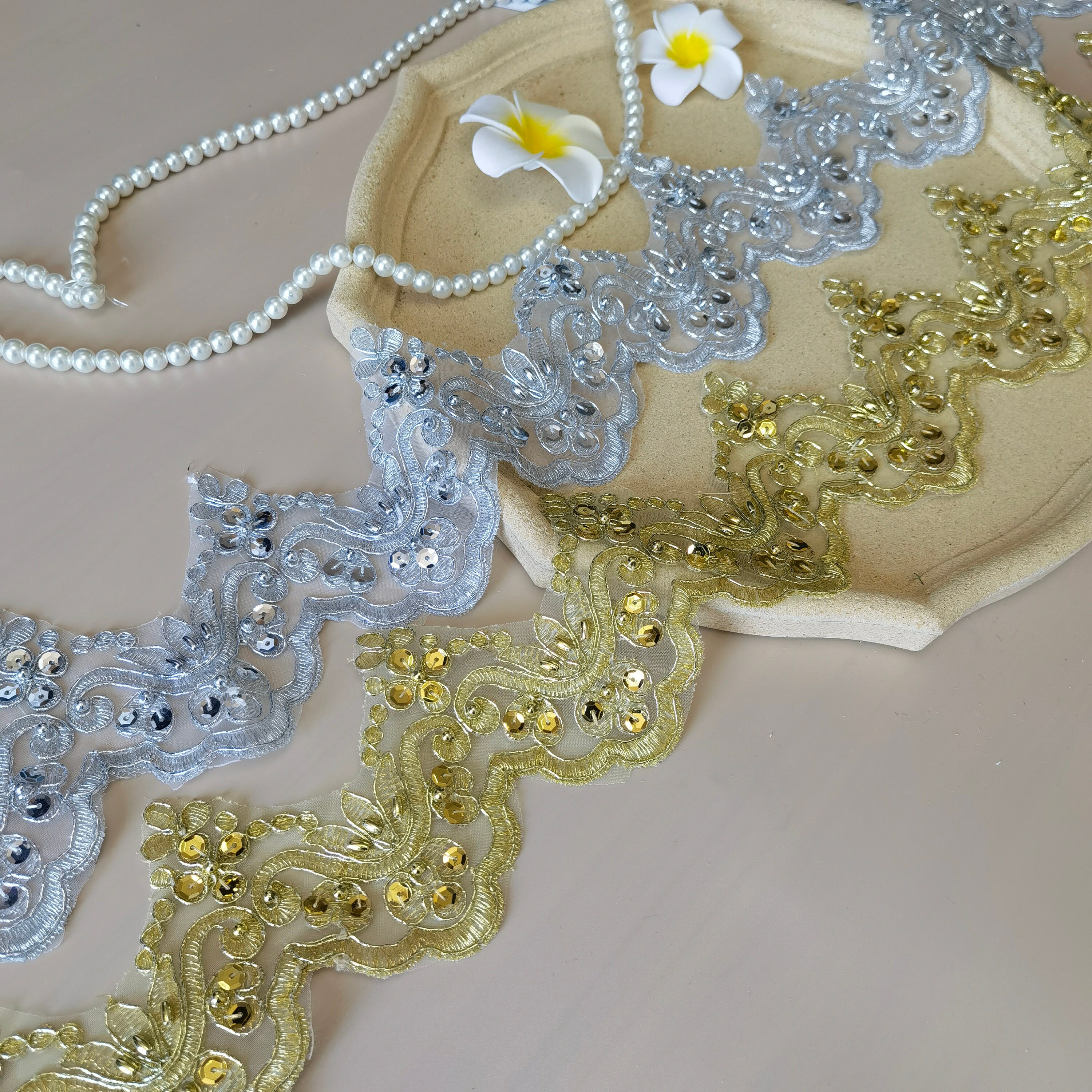 Classic Gold and Silver Beaded Sequin Car Bone Lace Trim, Dress Wedding ...