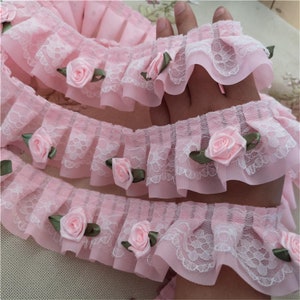 Pink Ruffle Lace, Pleated Trim Lace, Pink Rose Flower Lace for Doll ...