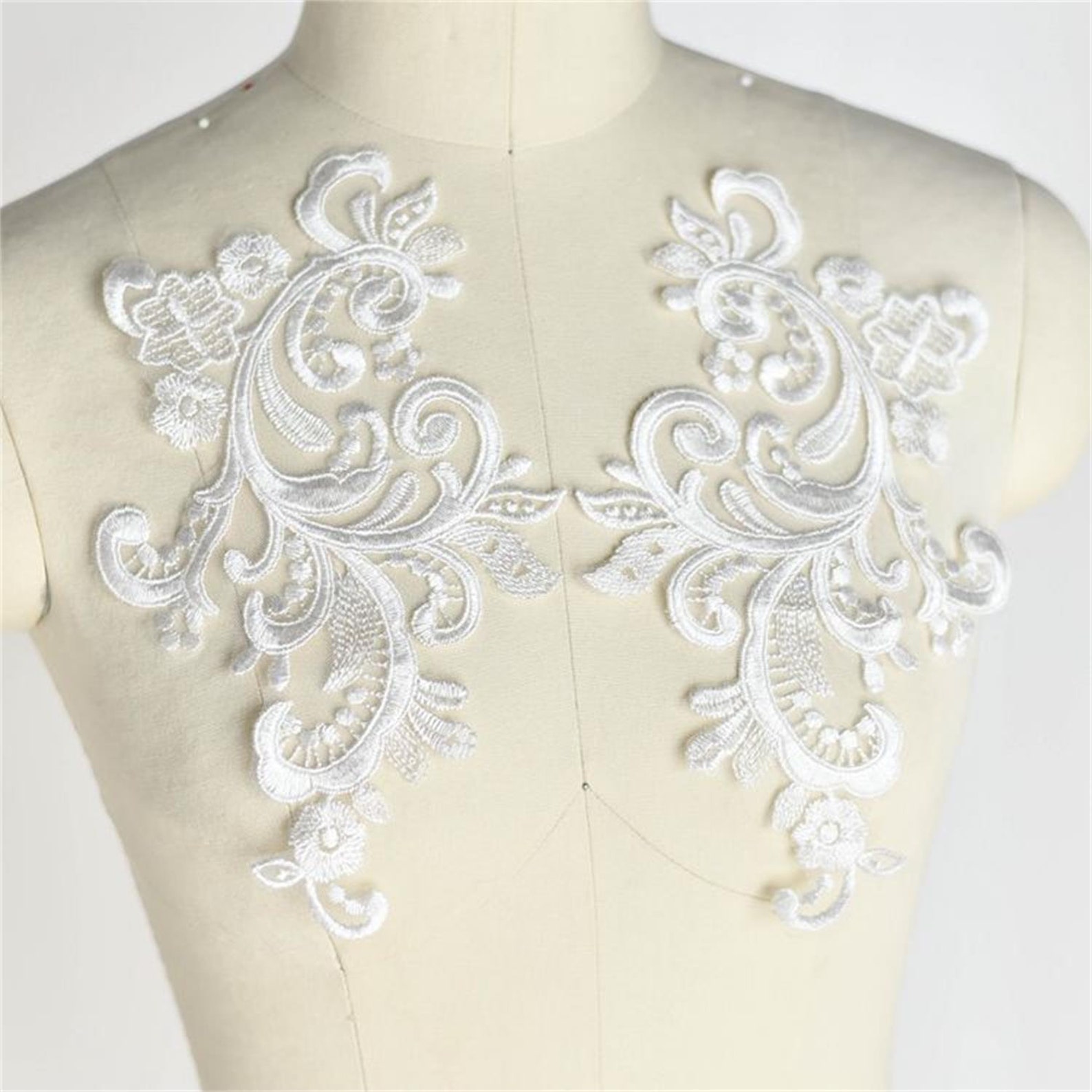 White Cotton Floral Lace Appliqué Pair Wedding Dress Bodice, Headdress ...