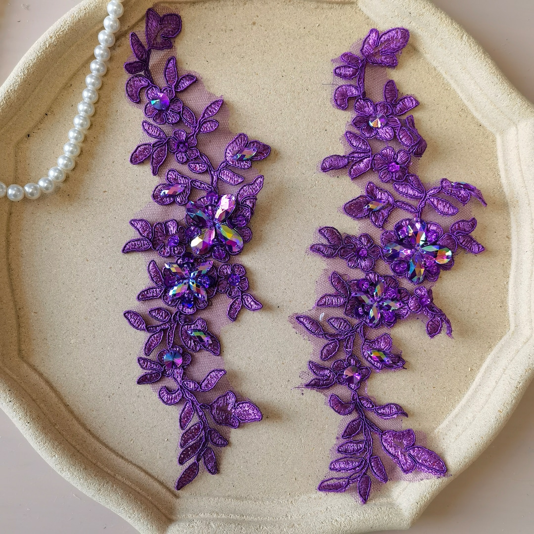 Purple Rhinestone Applique, Beaded Lace Applique, French Chantilly Lace ...