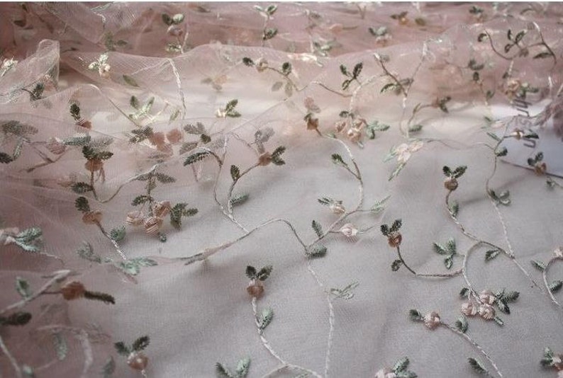 White pink delicate tulle lace fabric 3D floral embroidery | Etsy