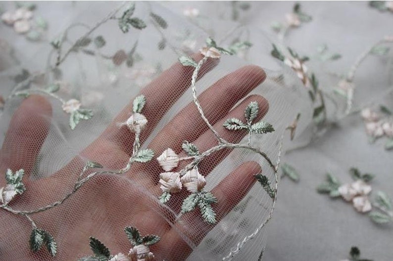White pink delicate tulle lace fabric 3D floral embroidery | Etsy