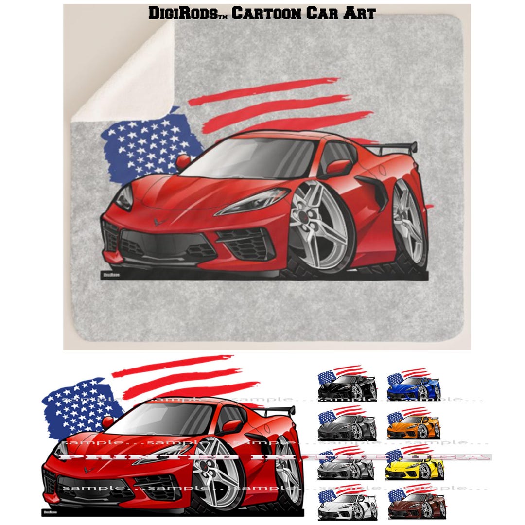 Digirods Chevy Corvette C8 Model Year USA Flag Background Cartoon Car ...