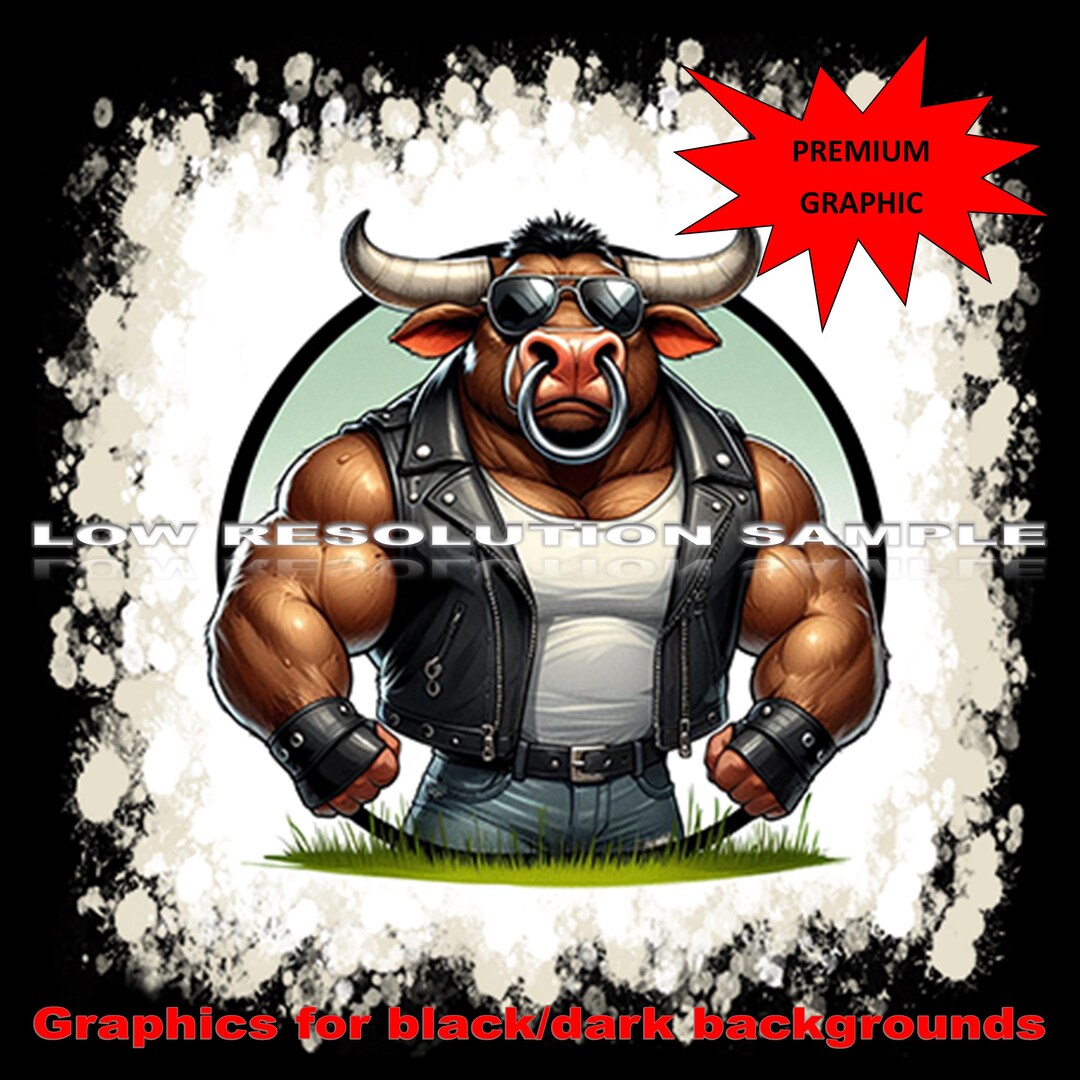 Biker Bull in Leather Proud Tough Stand Funny Cartoon for Black / Dark ...