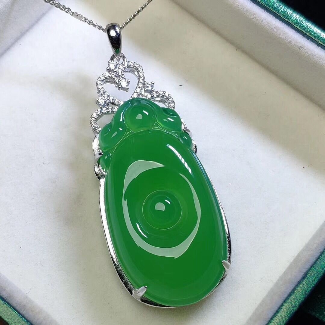 New Natural AAA Jadeite Jade Light Green Jade Good Luck Oval 925 Silver ...