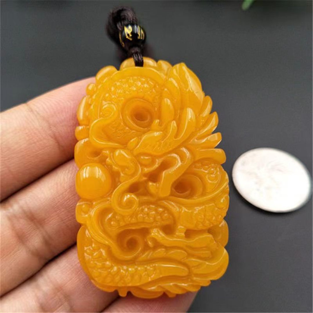 Natural AAA Jadeite Jade Dark Yellow Jade Good Luck Oval Dragon Pendant ...