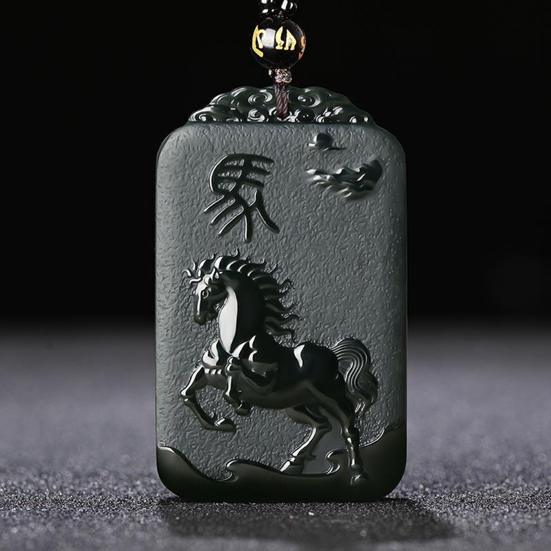 Natural AAA Jadeite Jade Dark Black Green Jade Good Luck Square Horse ...